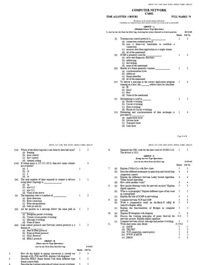 Cse Cs601 Computer Network R18 Booklet Pdf Computer Network Transmission Control