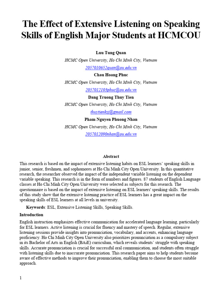 The Effect of Extensive Listening On Speaking Skills of English Major Students at HCMCOU | PDF ...