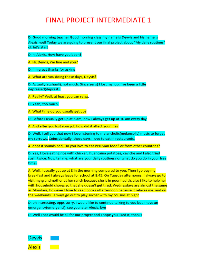 Final Project Intermediate 1 My Daily Routines | PDF