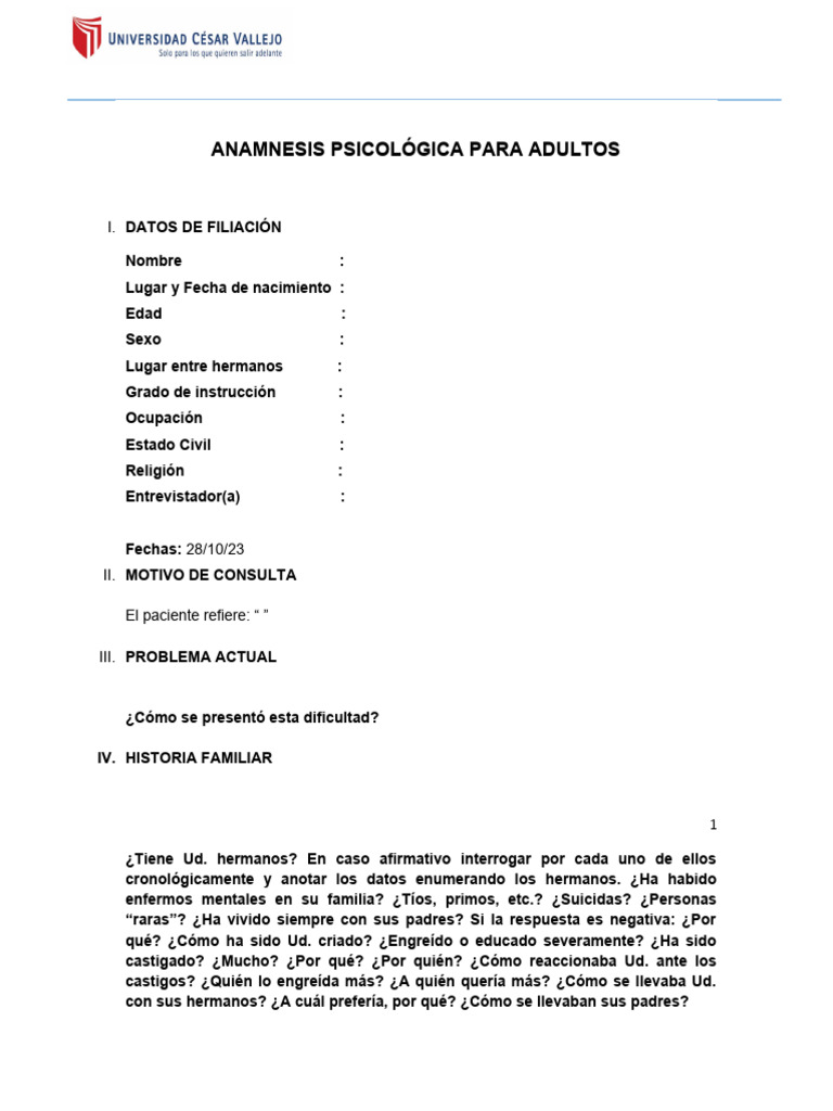 Guía de Anamnesis Psicológica Adultos | PDF | Pesadilla | Sueño
