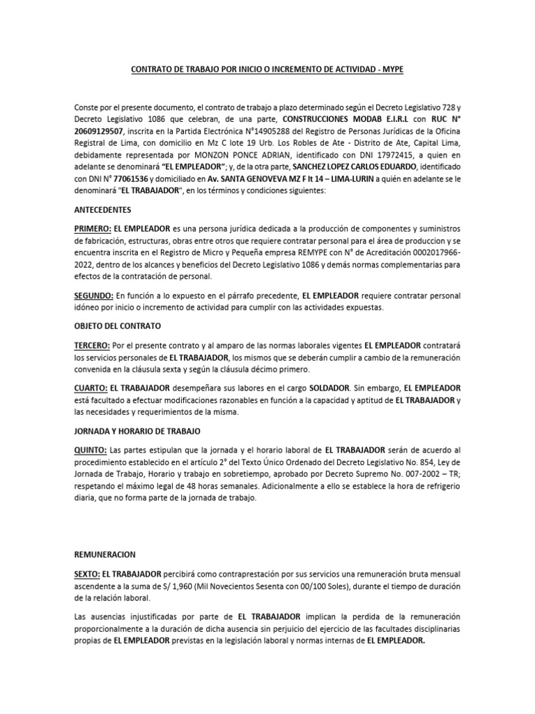 Contrato de Trabajo Por Inicio o Incremento de Actividad-Modabb Jun - Nov 2023 | PDF | Derecho ...