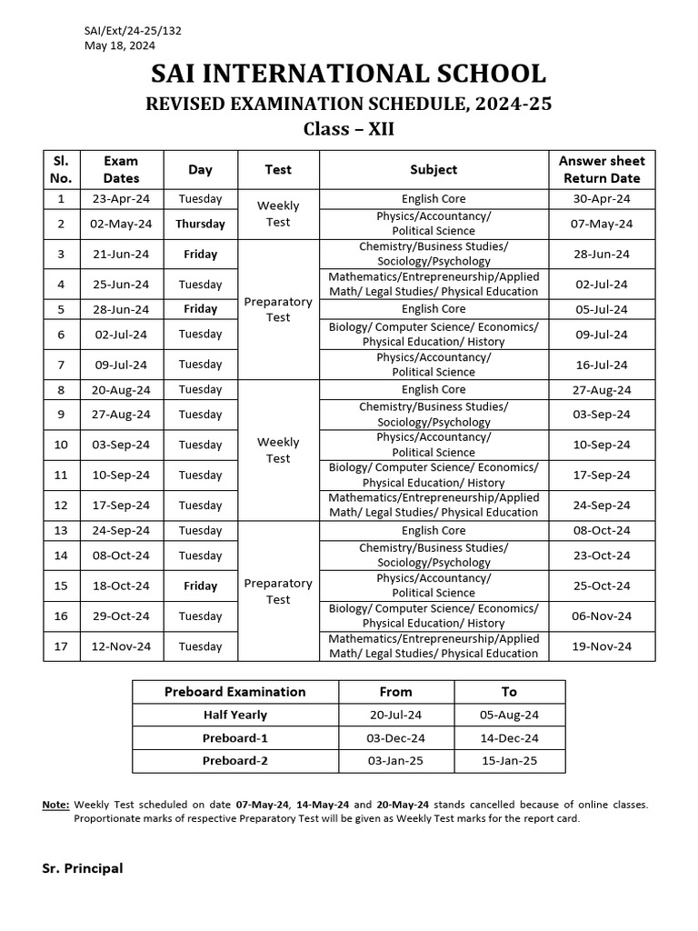 Class Xii-Revised Examination Schedule 2024-25 | PDF | Science ...