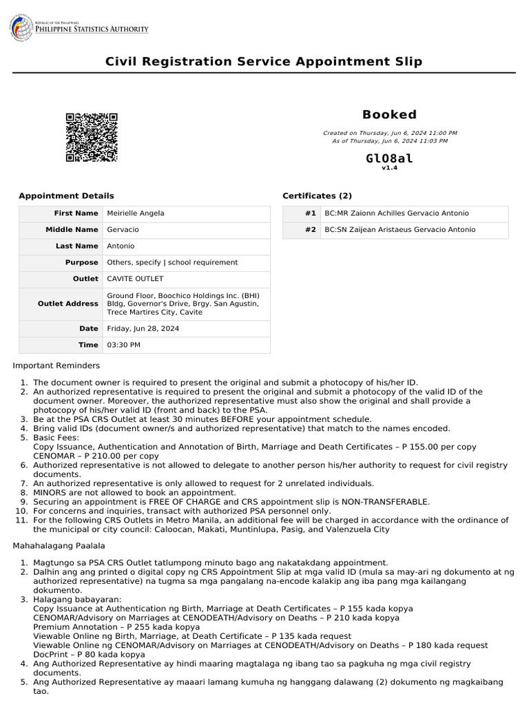 Civil Registration Service Appointment Slip | PDF