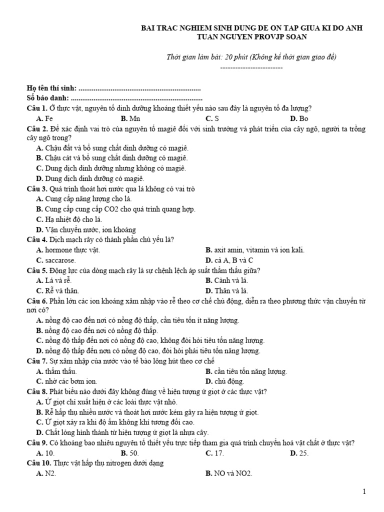 BAI TRAC NGHIEM SINH DUNG DE ON TAP GIUA KI DO ANH TUAN NGUYEN PROVJP SOAN 7609e5 25 10 2023 | PDF