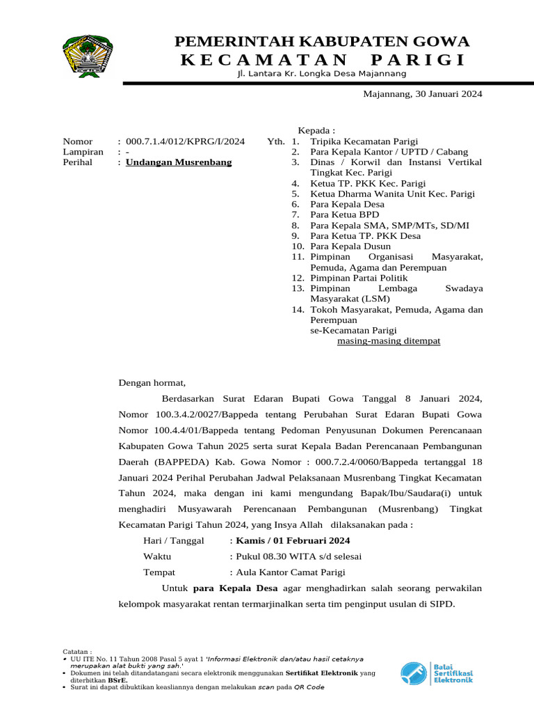 Cont9h Undangan Musrenbang Kecamatan | PDF