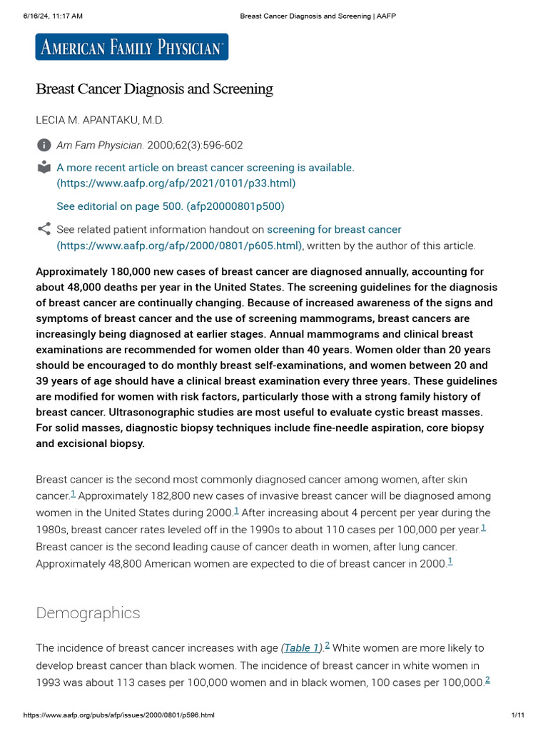 Breast Cancer Diagnosis and Screening - AAFP | PDF | Mammography | Breast Cancer