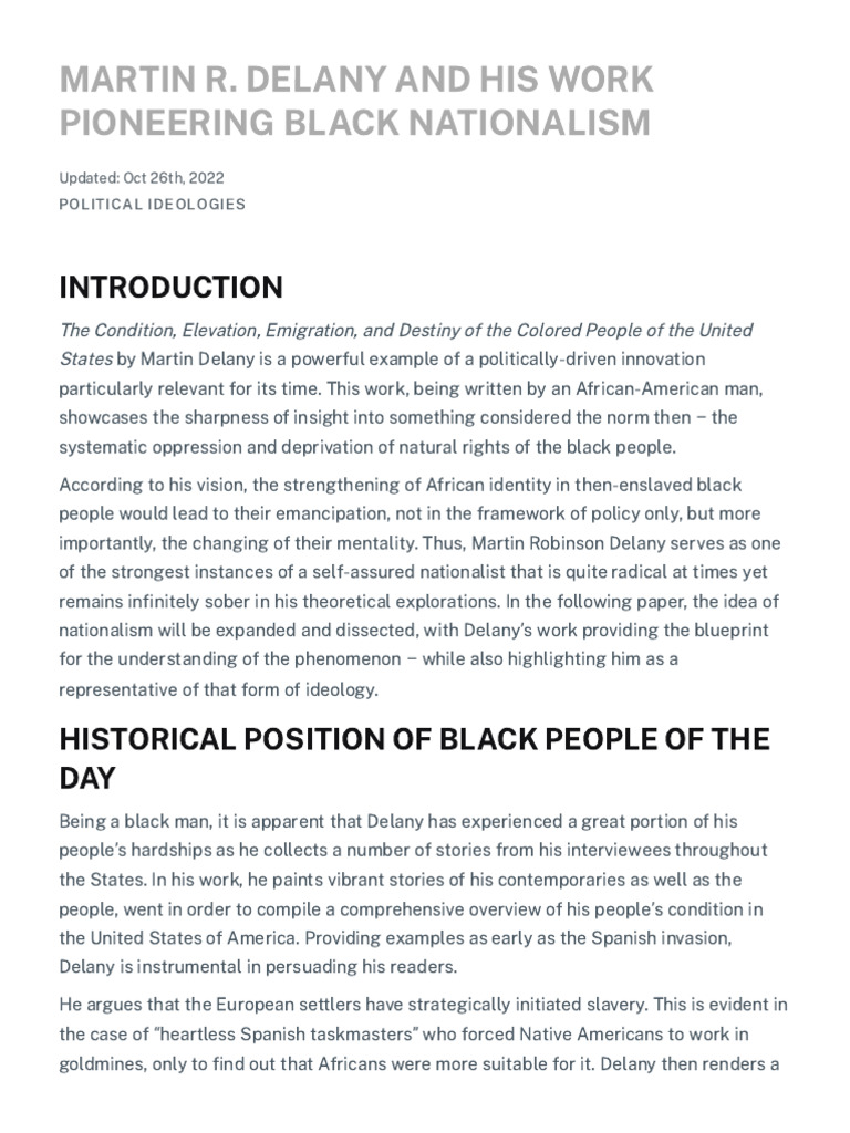 Martin R. Delany and His Work Pioneering Black Nationalism - Critical Writing Example Essay ...