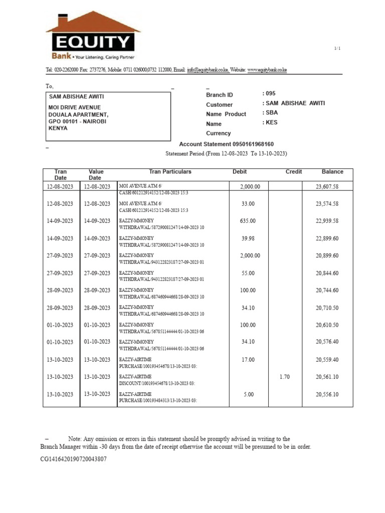 Equity Bank Account Statement | PDF | Automated Teller Machine | Cash