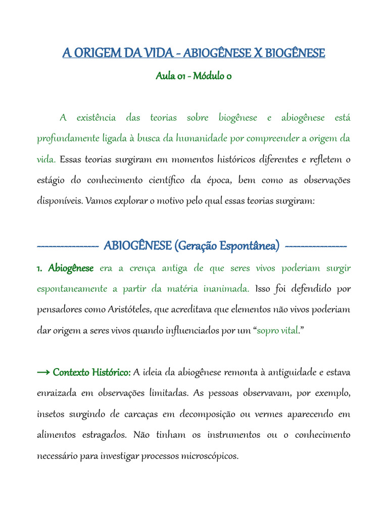 Origem Da Vida - Abiogênese X Biogênese | PDF | Abiogênese | Science