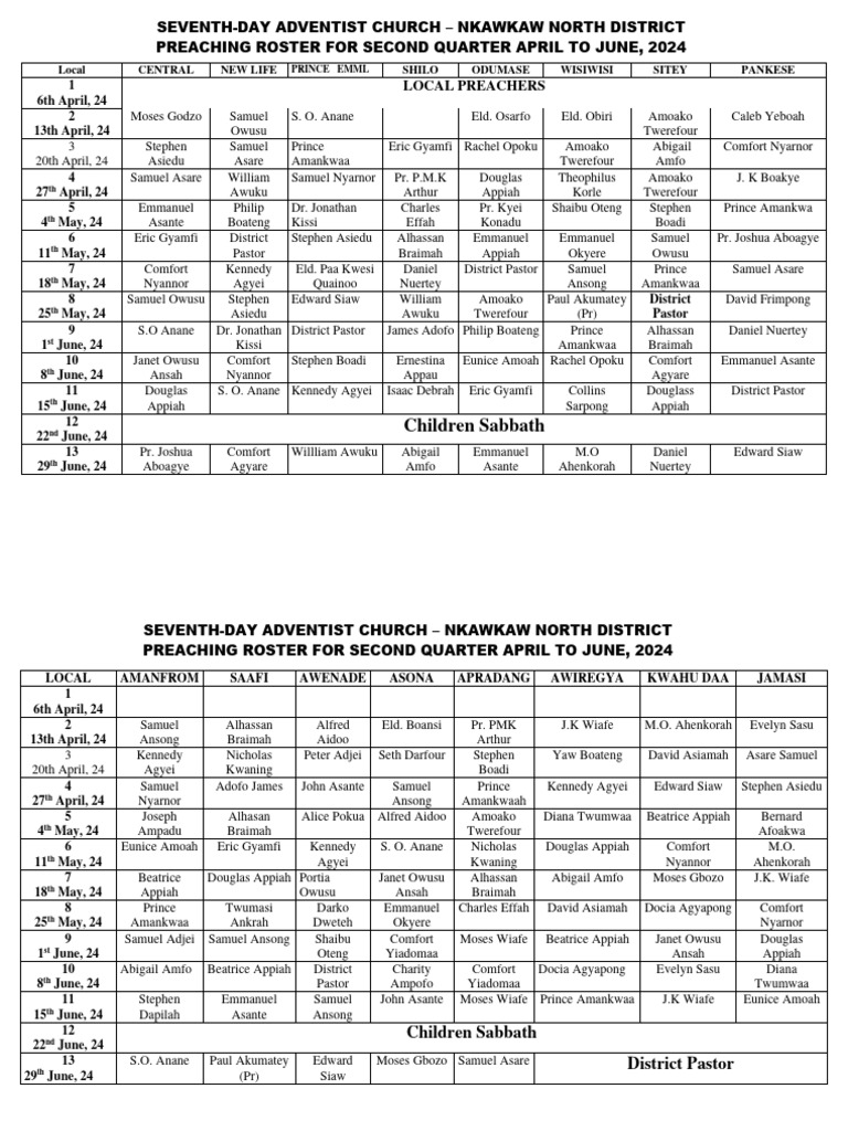 SDA Preaching Roster Q2 2024 | PDF | Seventh Day Adventist Church ...