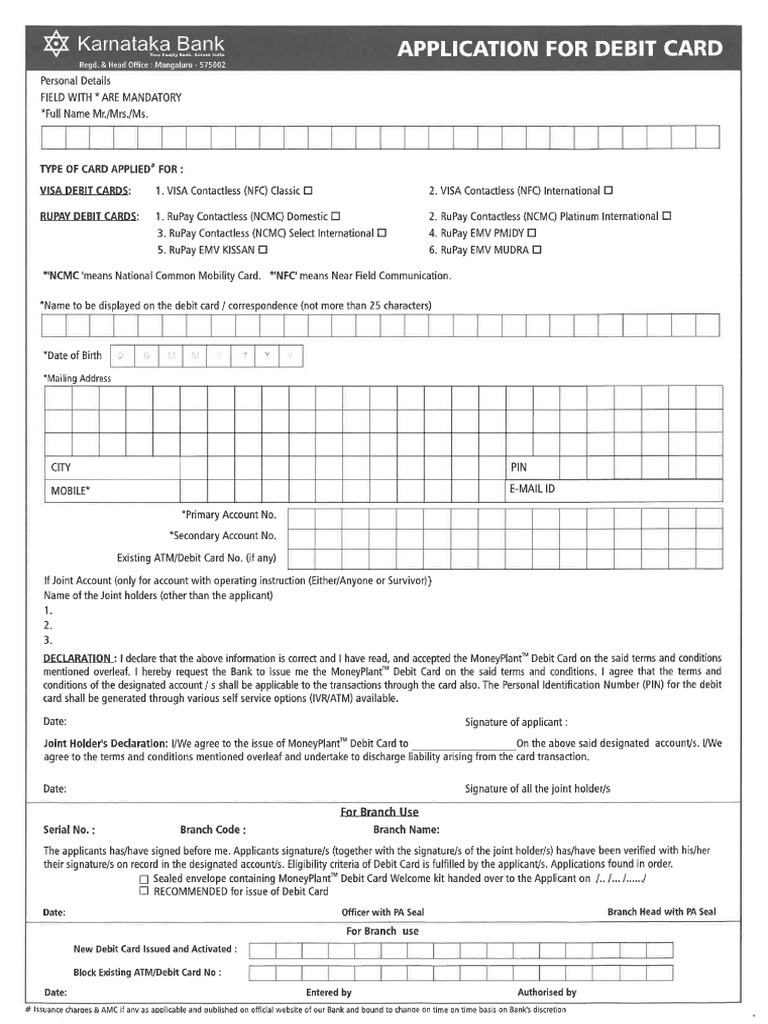 Debit Card Application Form | PDF