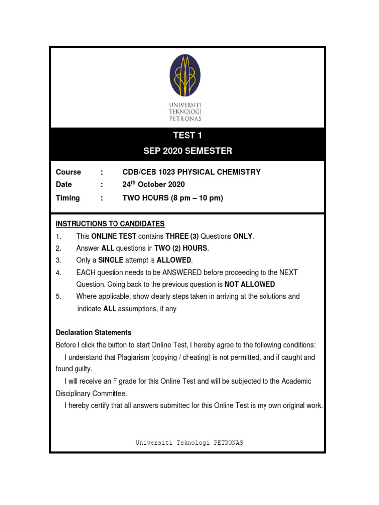 Test 1 PChem - Sep 2020 POSTED | PDF | Gases | Physical Quantities