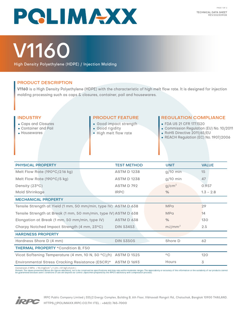 Hdpe V1160 TDS 20230908 | PDF | Materials