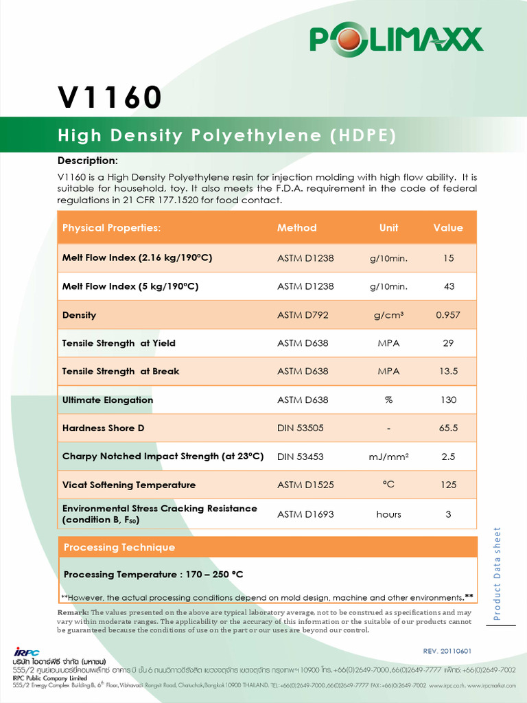 Pe Hdpe v1160 Datasheet | PDF