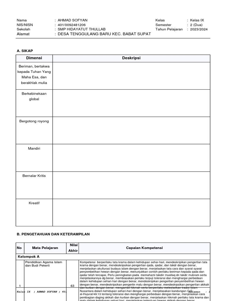 Rapor - Kelas IX - 20232 | PDF
