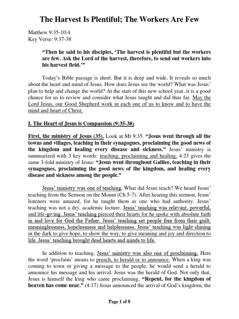 The Harvest Is Plentiful The Workers Are Few: Page 1 of 8 | PDF | Jesus ...