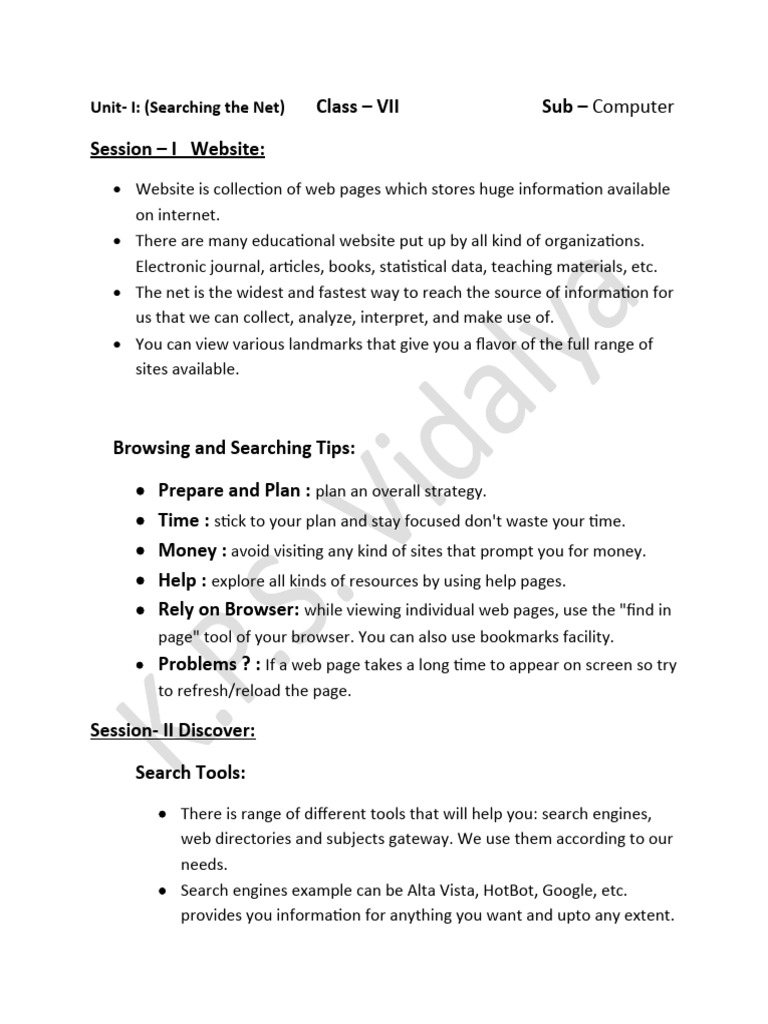 Class - VII Sub - Computer Session - I Website:: Unit-I: (Searching The Net) | PDF | Cursor ...