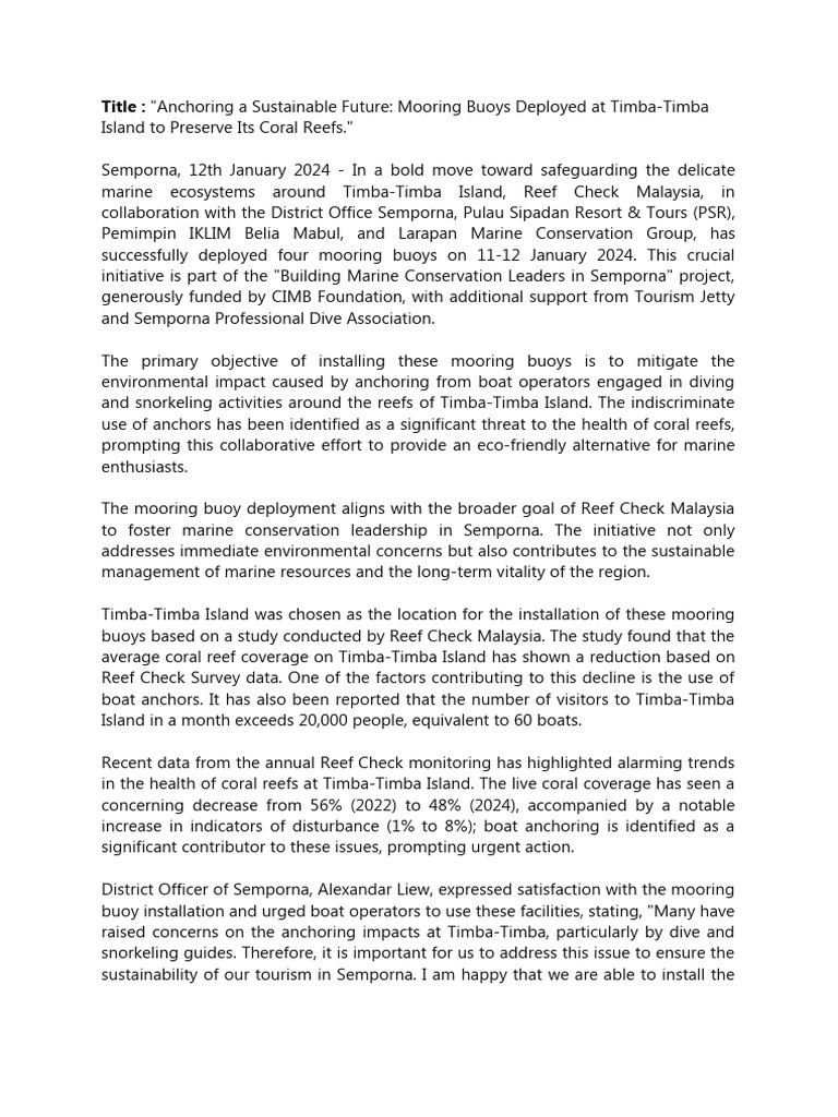 Press Release For Mooring Buoy Installation at Timba Timba Island | PDF | Sustainability ...