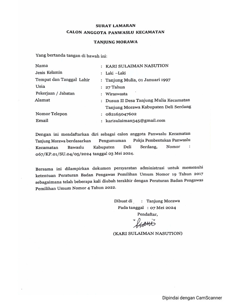 Surat Lamaran Panwas | PDF