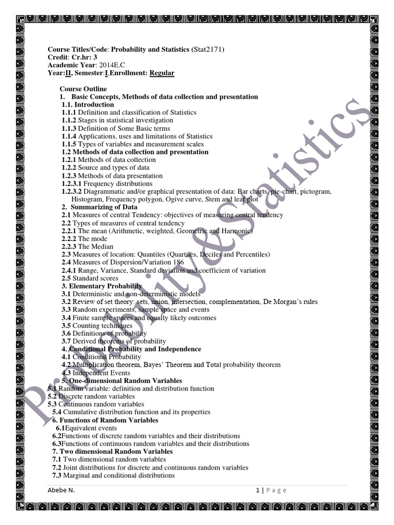 Probability and Statistics Course Outline | Download Free PDF ... Probability and Statistics Course Outline | Download Free PDF ...