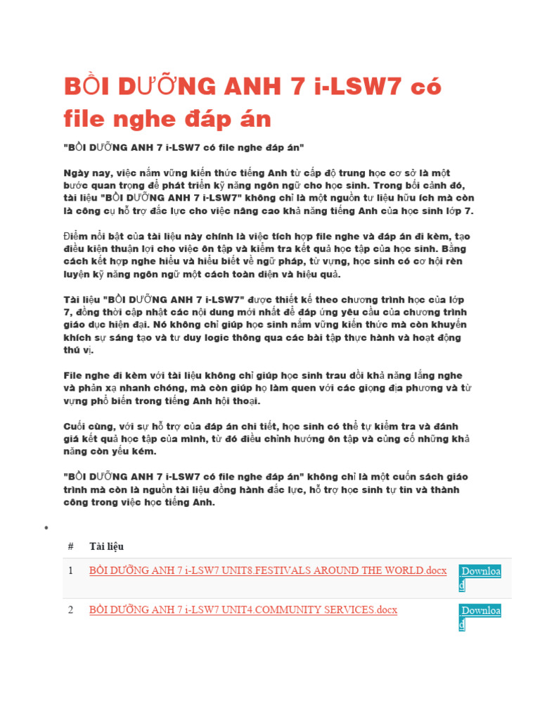 B I DƯ NG ANH 7 i-LSW7 Có File Nghe Đáp Án | PDF