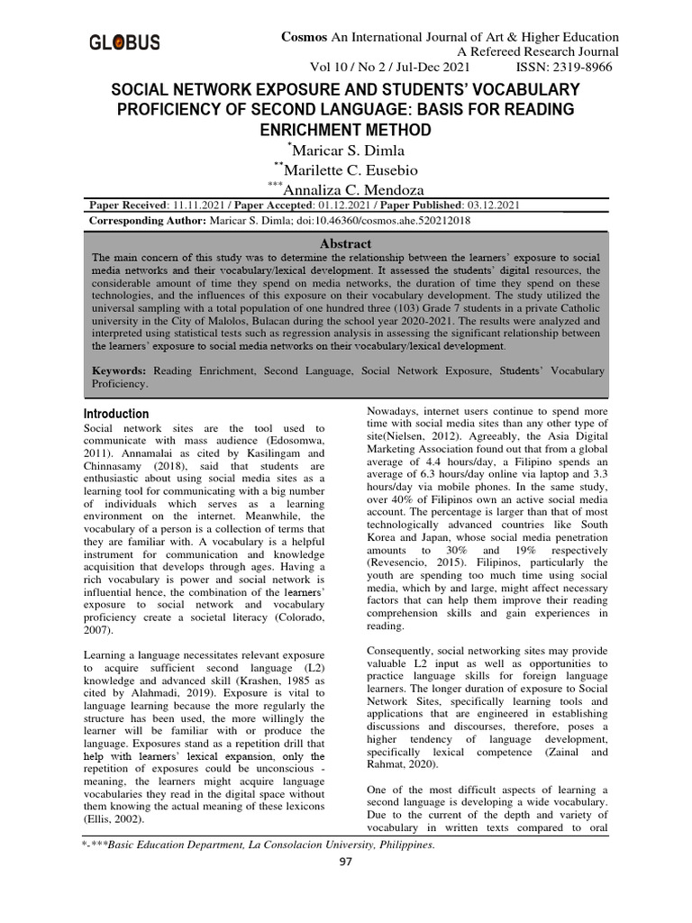 Social Media Exposure & Students' Vocabualry Profiency of Second ...