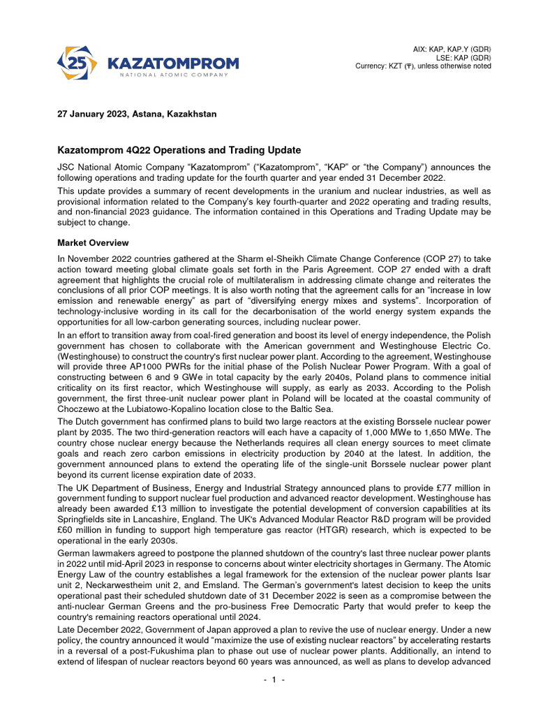 4q22 Trading Update | PDF | Bonds (Finance) | Nuclear Power