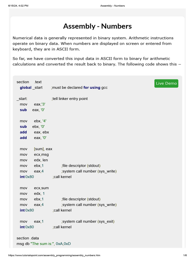 Assembly - Numbers | PDF | Binary Coded Decimal | Arithmetic