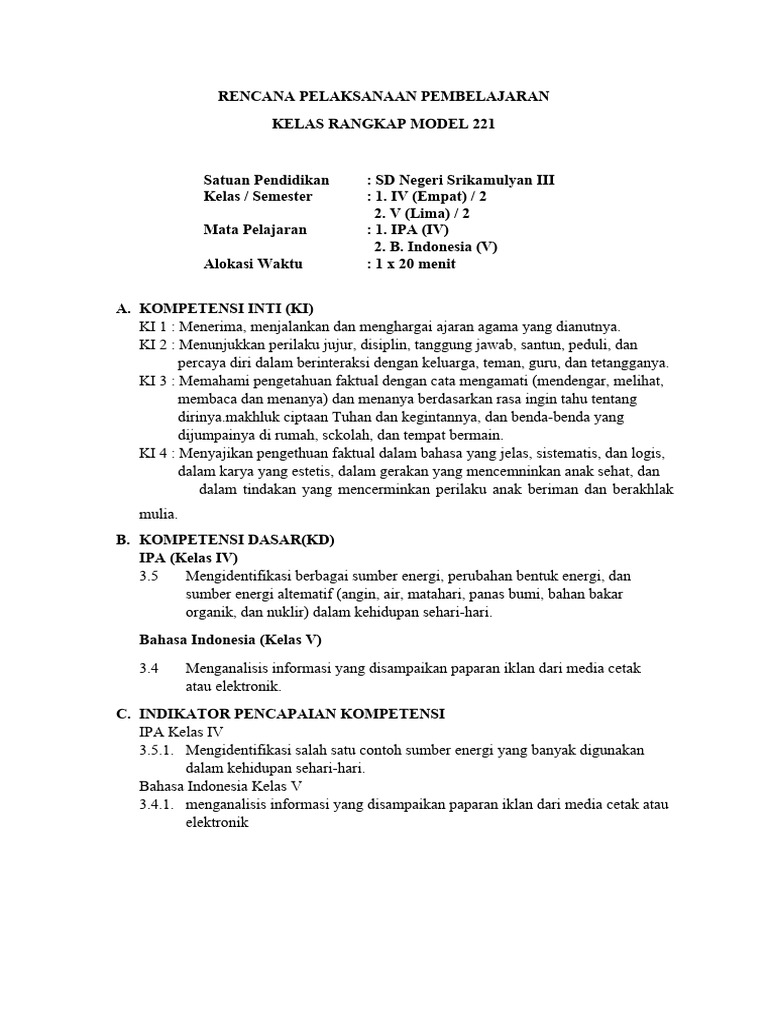 RPP Pembelajaran Kelas Rangkap | PDF | Sains & Matematika