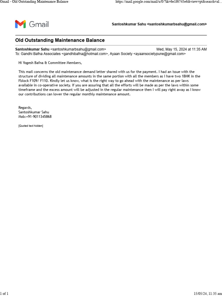 Gmail - Old Outstanding Maintenance Balance | PDF