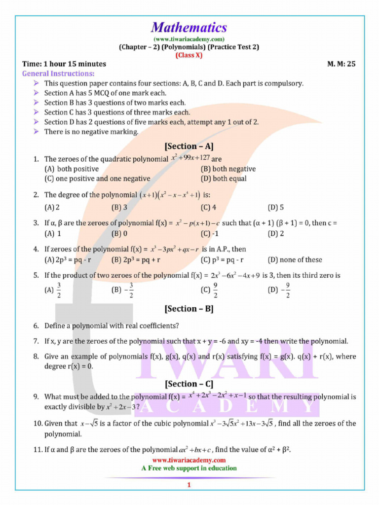 10 Maths Chapter 2 Practice Test 2 | PDF