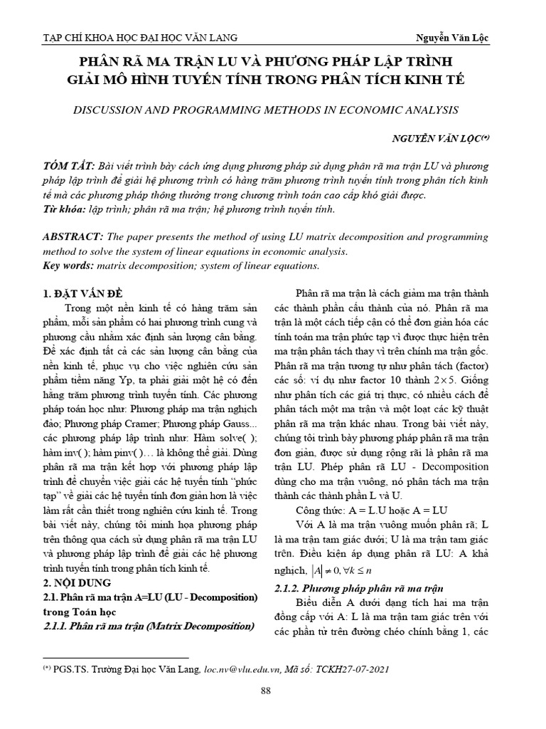 Phân Rã Ma Trận LU Và Phương Pháp Lập Trình Giải Mô Hình Tuyến Tính Trong Phân Tích Kinh Tế ...