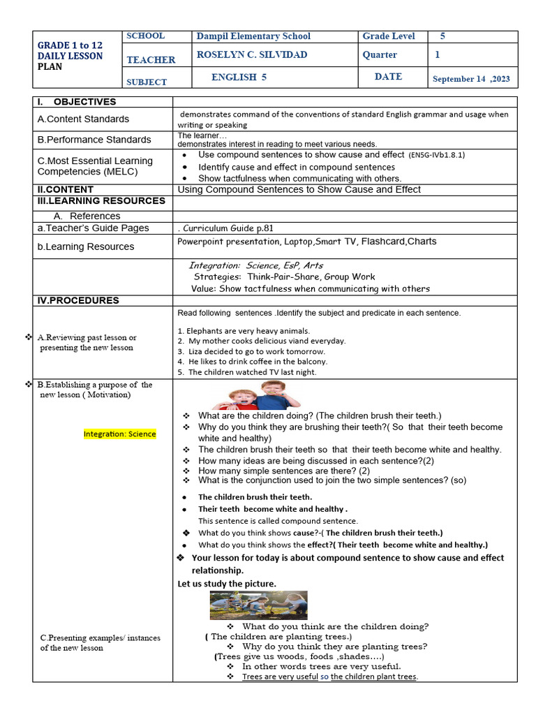 Compound Sentences Lesson Plan for Grade 5 | PDF | Learning
