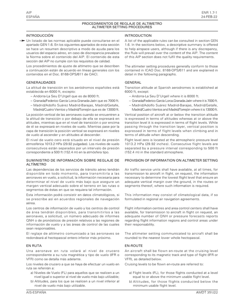 Procedimientos de Reglaje de Altímetro en España | PDF | Reglas de ...