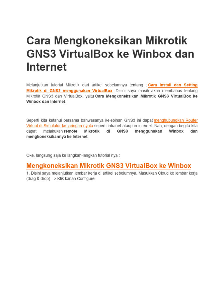 Cara Mengkoneksikan Mikrotik GNS3 VirtualBox Ke Winbox Dan Internet | PDF