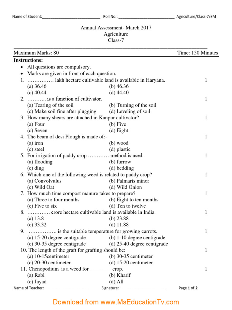 HBSE Class 7 Agriculture Question Paper 2017 | PDF | Agriculture | Plough