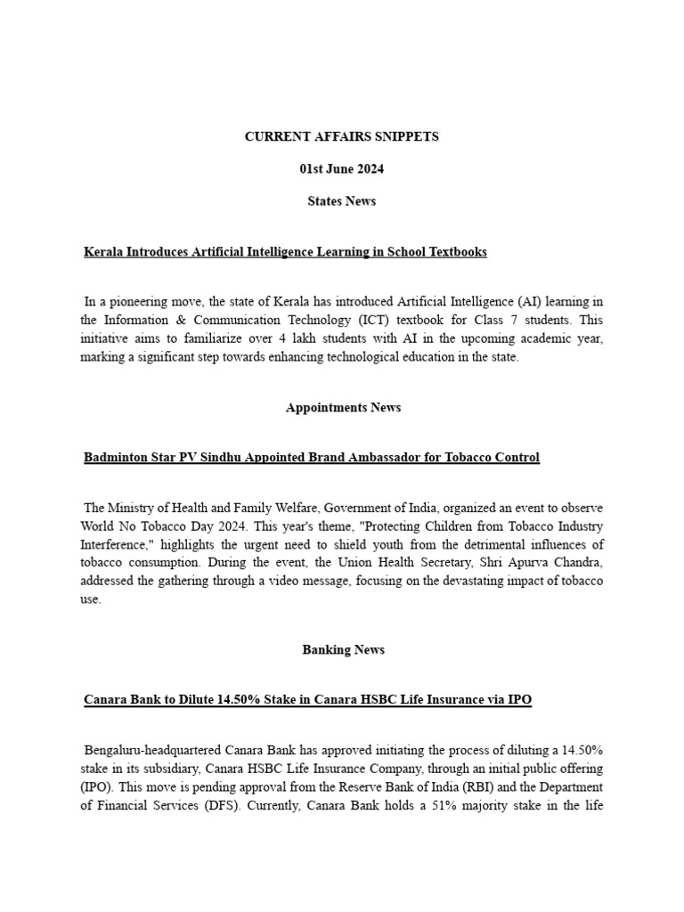 Current Affairs Snippets June 2024-1 | Download Free PDF | Reserve Bank Of India | Government ...
