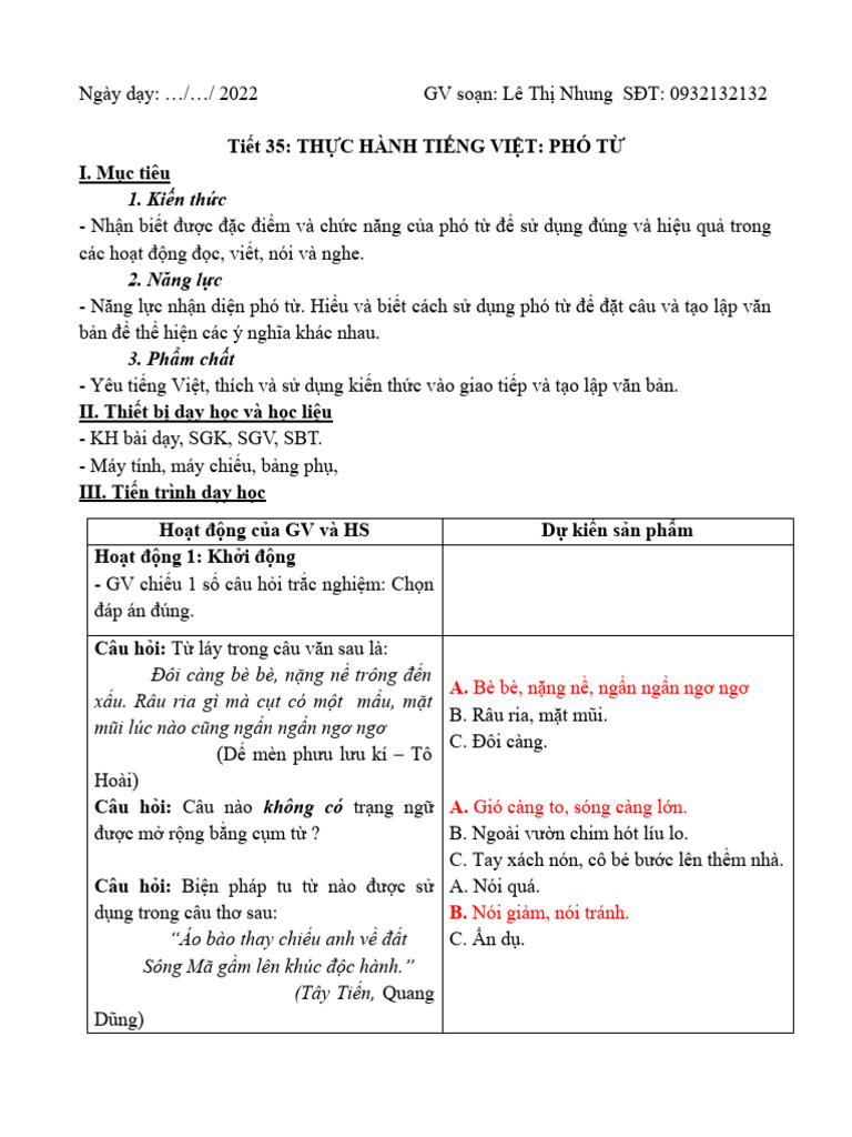 Tiết 35.THTV-Phó từ | PDF