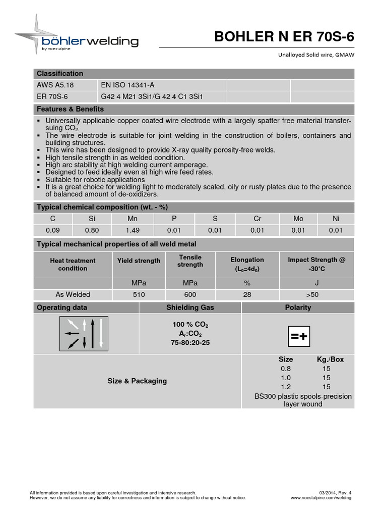 Bohler N Er 70 s6 Welding | PDF | Welding | Construction