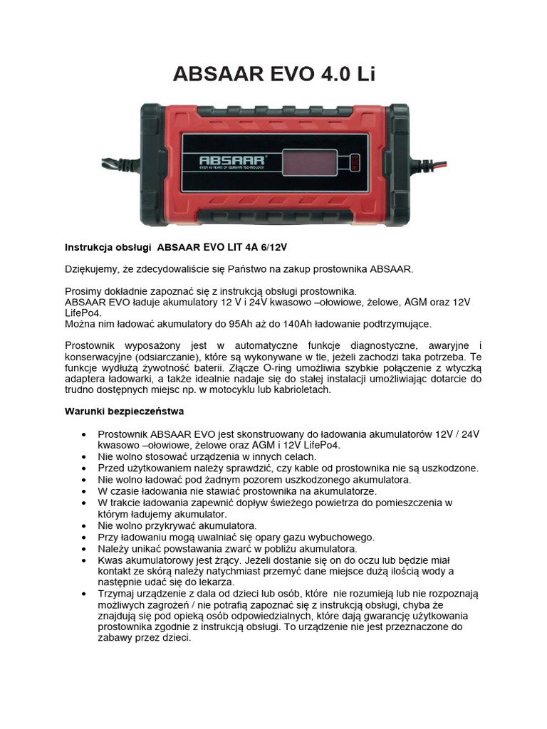Instrukcja Obslugi Prostownik ABSAAR 158004 | PDF