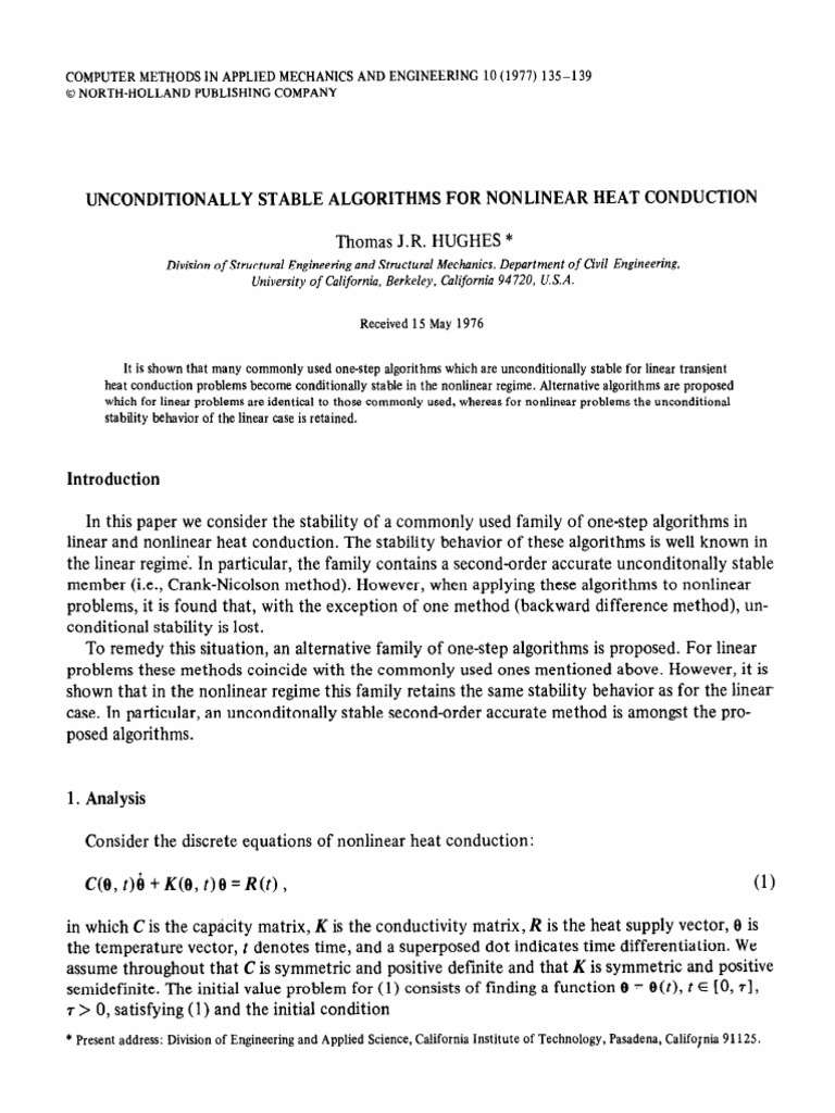 Unconditionally Stable Algoriths For Nonlinear Heat Conduction TJR HuGHES 1977 | PDF | Nonlinear ...