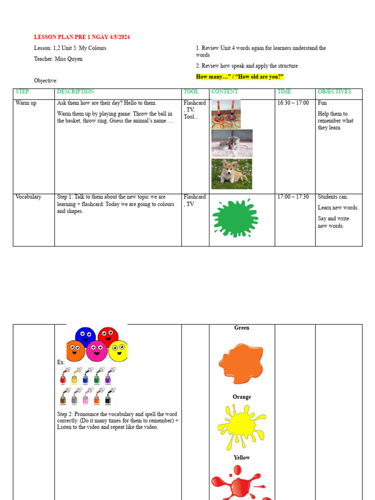Lesson Plan: My Colours & Vocabulary | PDF | Flashcard | Vocabulary