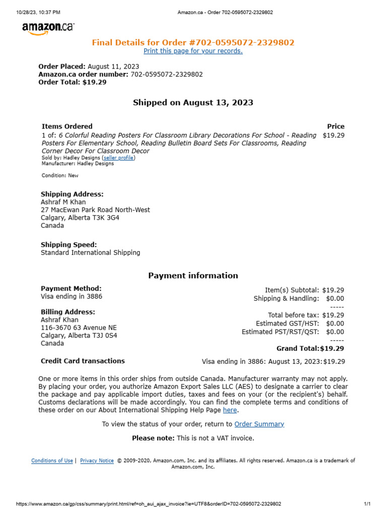 Amazon - Ca - Order Aug 13 | PDF | Invoice | Payments