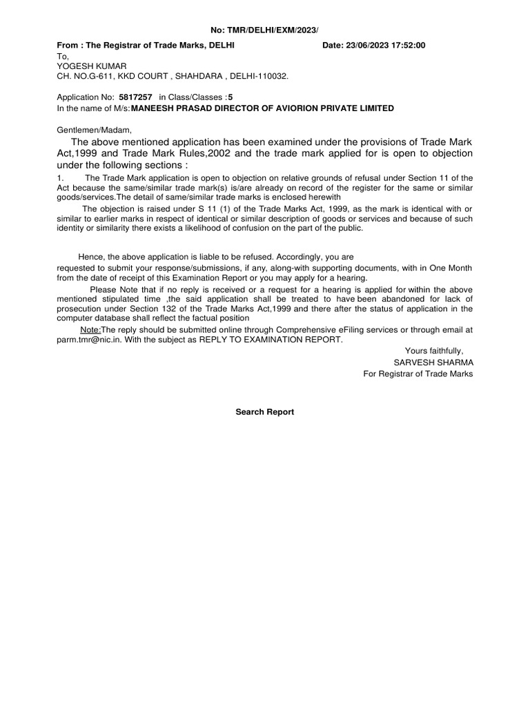 Examination Report | PDF | Trademark | Intellectual Property Law