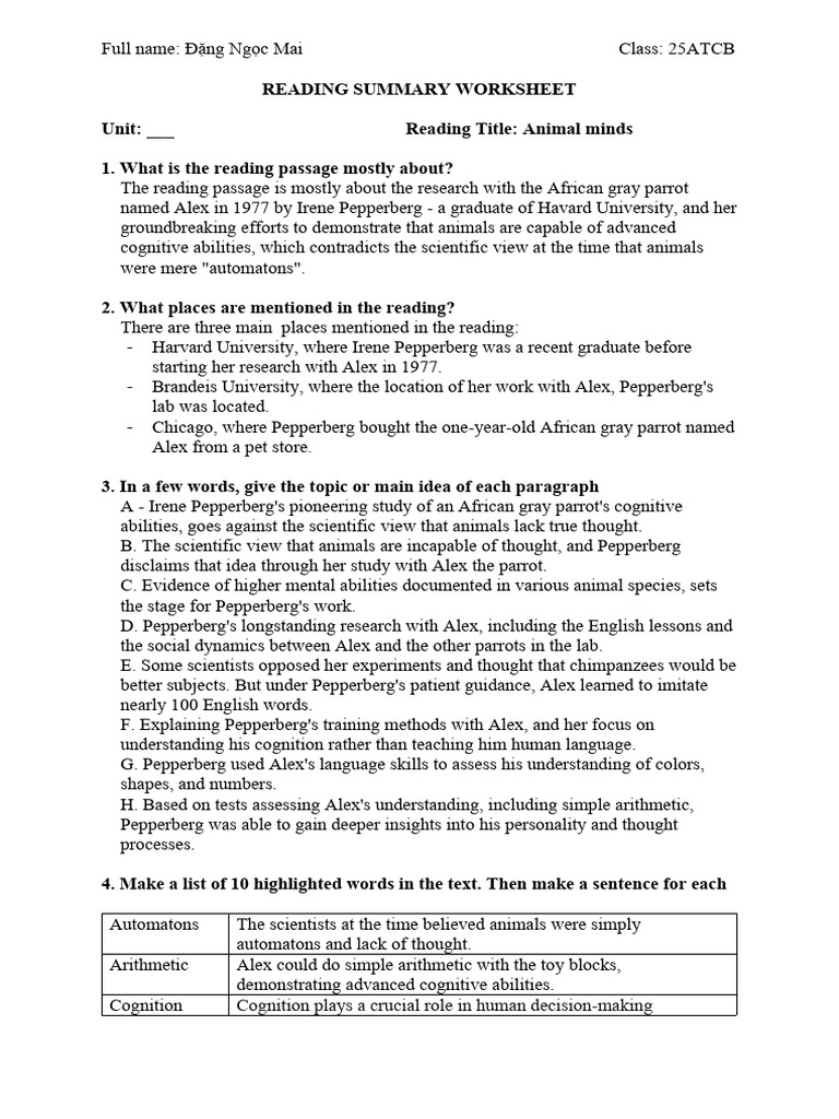 Readingsummary Worksheet | Download Free PDF | Psychological Concepts ...