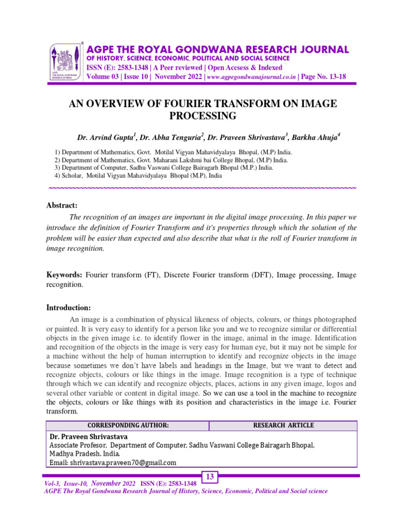 An Overview of Fourier Transform On Image Processing: Agpe The Royal ...