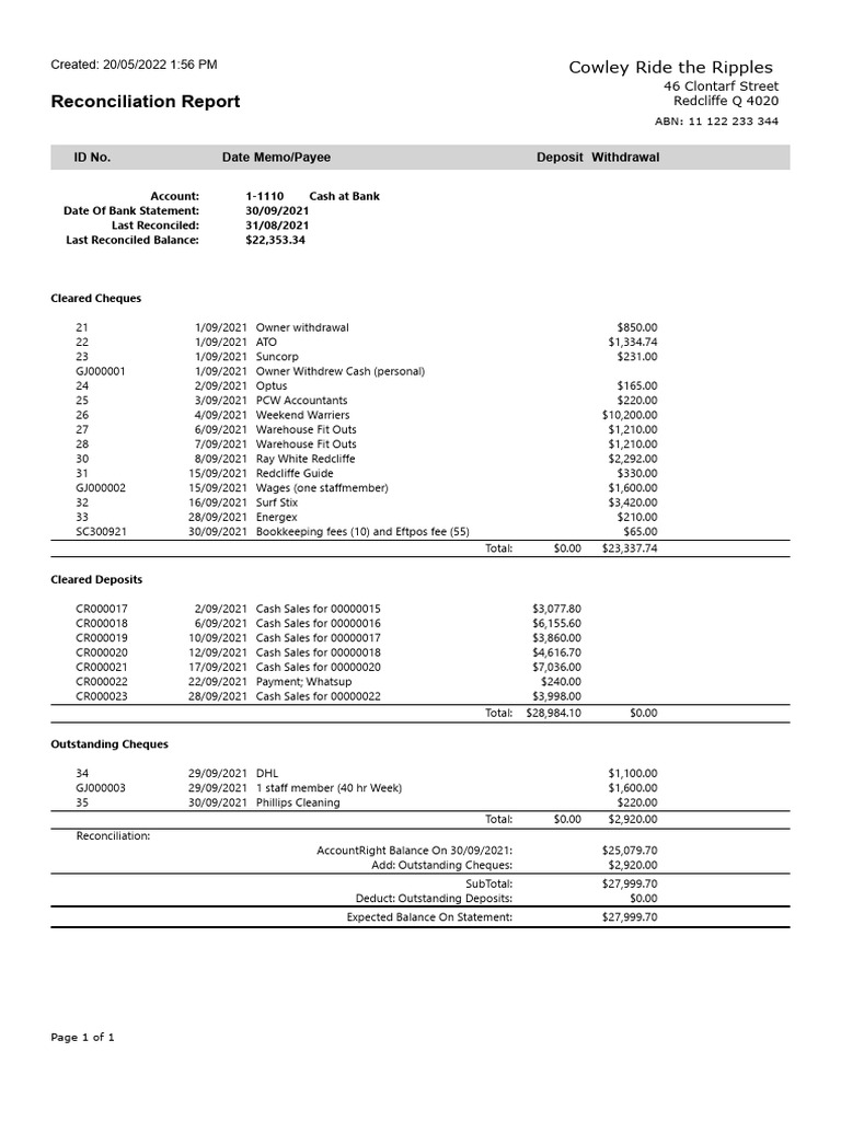 Reconciliation Report September 2021 | PDF | Cheque | Deposit Account