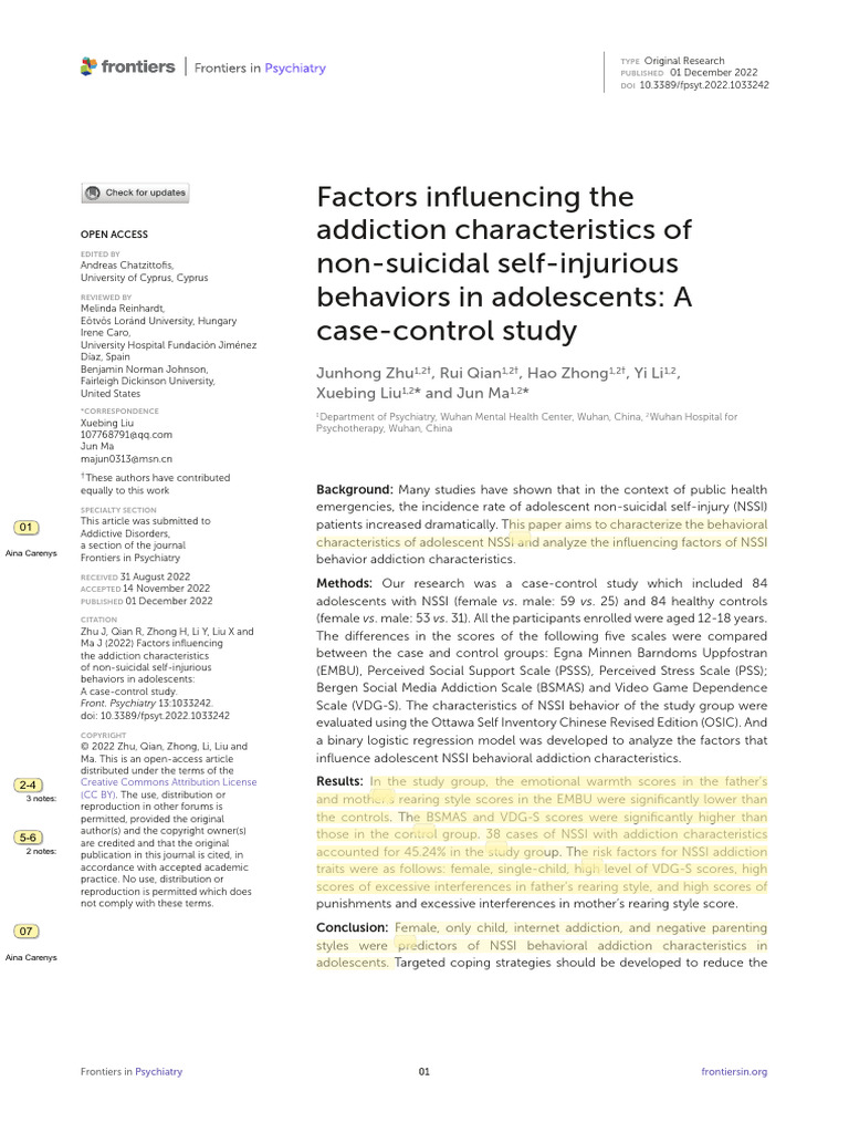 Addiction Characteristics of Non-Suicidal Self-Injurious Behaviors in ...