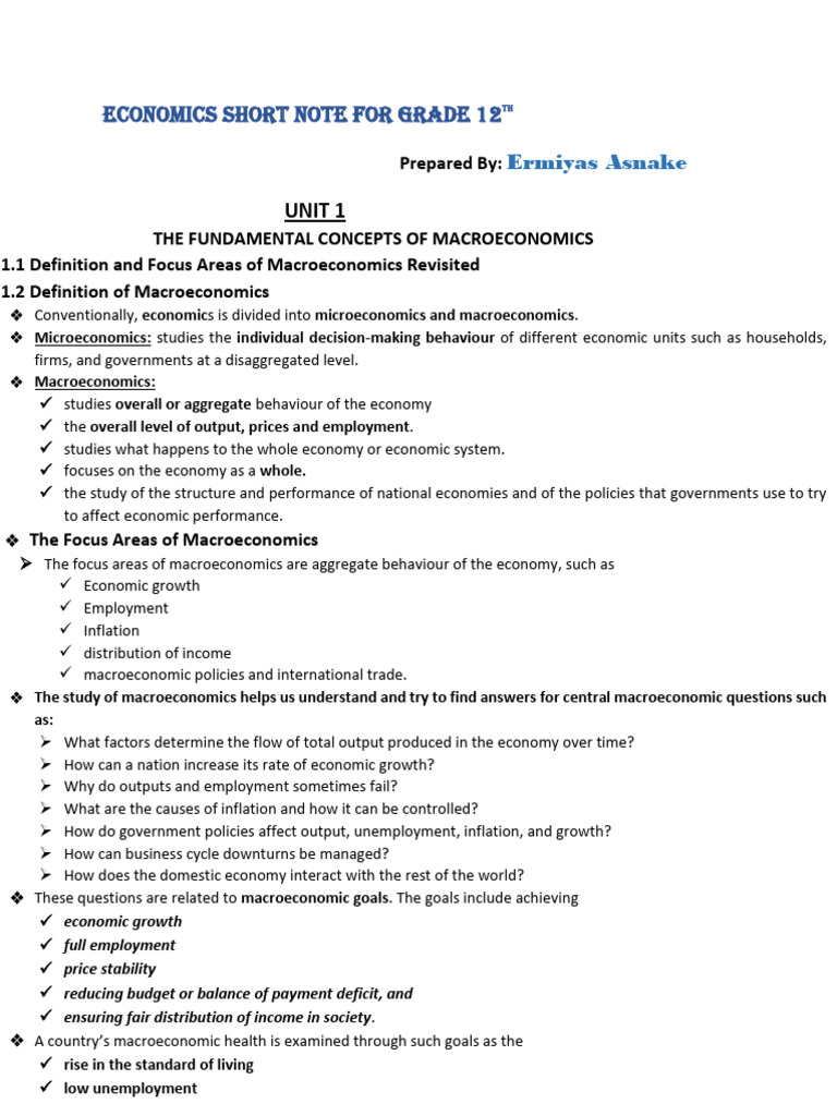 Grade 12 Economics Short Notes | PDF | Cost Of Living | Gross Domestic ...