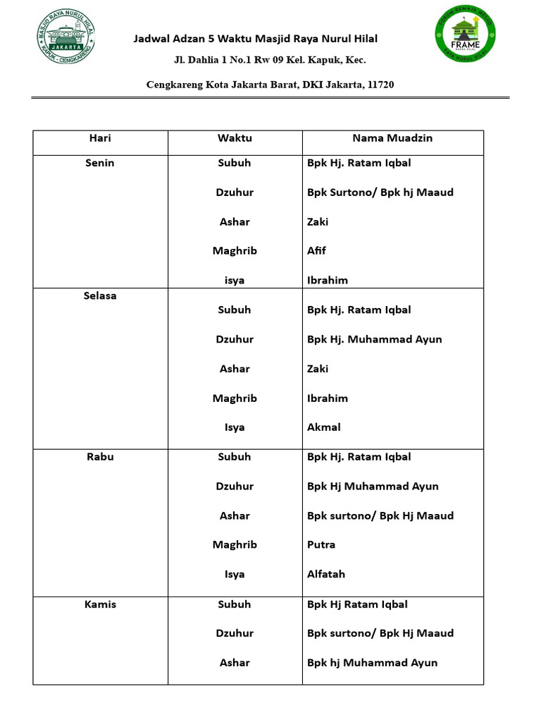 Jadwal Adzan 5 Waktu Masjid Raya Nurul Hilal-1 | PDF